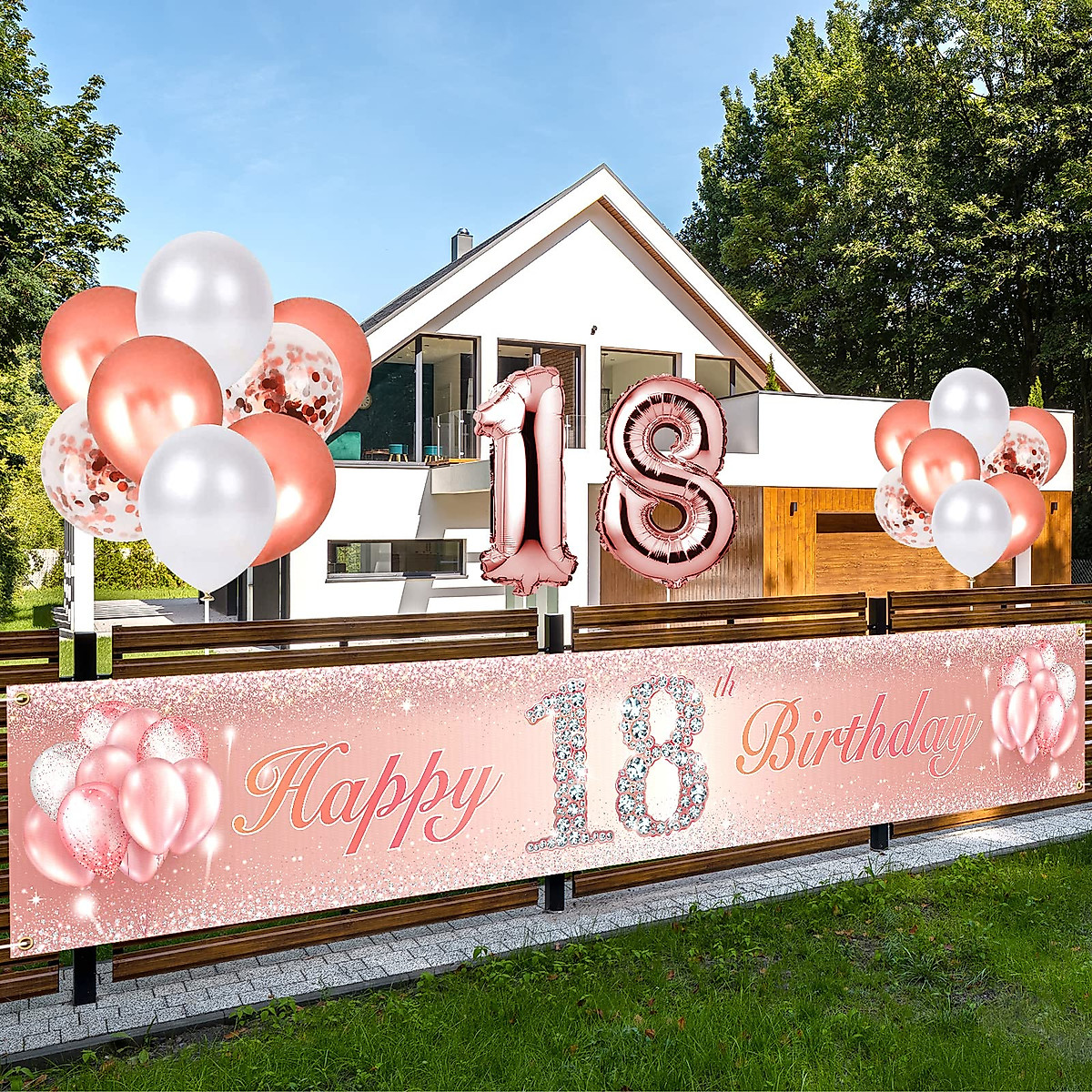 Happy 18th Birthday Banner Large Yard Sign Banner with Birthday Balloons Kit Set Rose Gold Cheer to 18 Years Old Birthday Party Decorations Supplies for Girls Photography Backdrop Decor