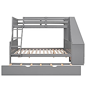 Twin Over Full Bunk Bed with Desk and Trundle, Wooden Bunk Beds Twin over Full Size with Storage Drawers and Shelf ,Storage Bunk Beds with Ladder & Guardrails for Kids Girls Boys ,Grey
