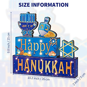 ANVAVO 5 Pieces Hanukkah Wooden Signs Happy HANUKKAH LIGHT IT UP Wooden Blocks Signs with LED Lights for Hanukkah Living Room Bedroom Tabletop Decorations