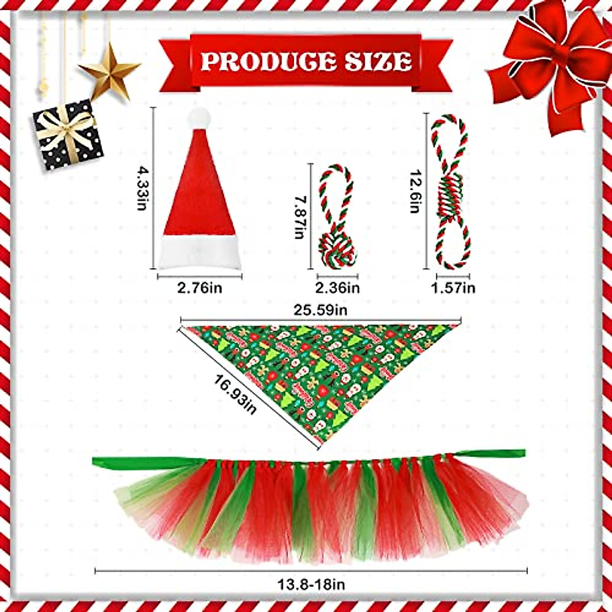5 Pieces Christmas Dog Costume Set, Include Christmas Adjustable Pet Hat, Red and Green Tutu Skirt, Dog Bandana, Christmas Rope Dog Toy for Small Medium Dog Puppy Cat Pet Xmas Party Accessories