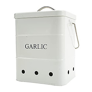 Garlic Container with Lid and handle, Sealed Food Storage Bin for Kitchen, Vegetable Fresh Keeper with Aerating Tin Storage Holes (White)