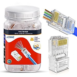 AOWIZ RJ45 Cat6 Cat6a Connector Pass Through 23AWG 100-PACK Gold Plated 8P8C Ethernet Ends for Unshielded Twisted Pair Solid Wire & Standard Cables