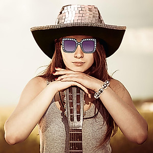 Alabelleza 5pcs Disco Ball Cowboy Hat Mirror Ball Cowboy Hat Sparkling Silver Cowgirl Hat for Women with Necklace, Earrings, Bracelet, Sunglasses