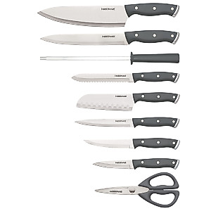 Farberware Triple Riveted Knife Set High-Carbon Stainless Steel Blades, Ergonomic Handles with Silver Accents, Includes Rubber Wood Storage Block, 15 piece, Gray