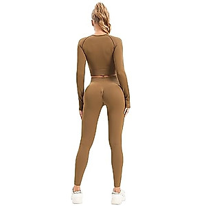 PINKSAVIOR Women’s Two Piece Outfits Yoga Pants Set Seamless High Waist Leggings and Quick-Dry Yoga Crop Tops Athletic Sports Set(P068 Coffee L)