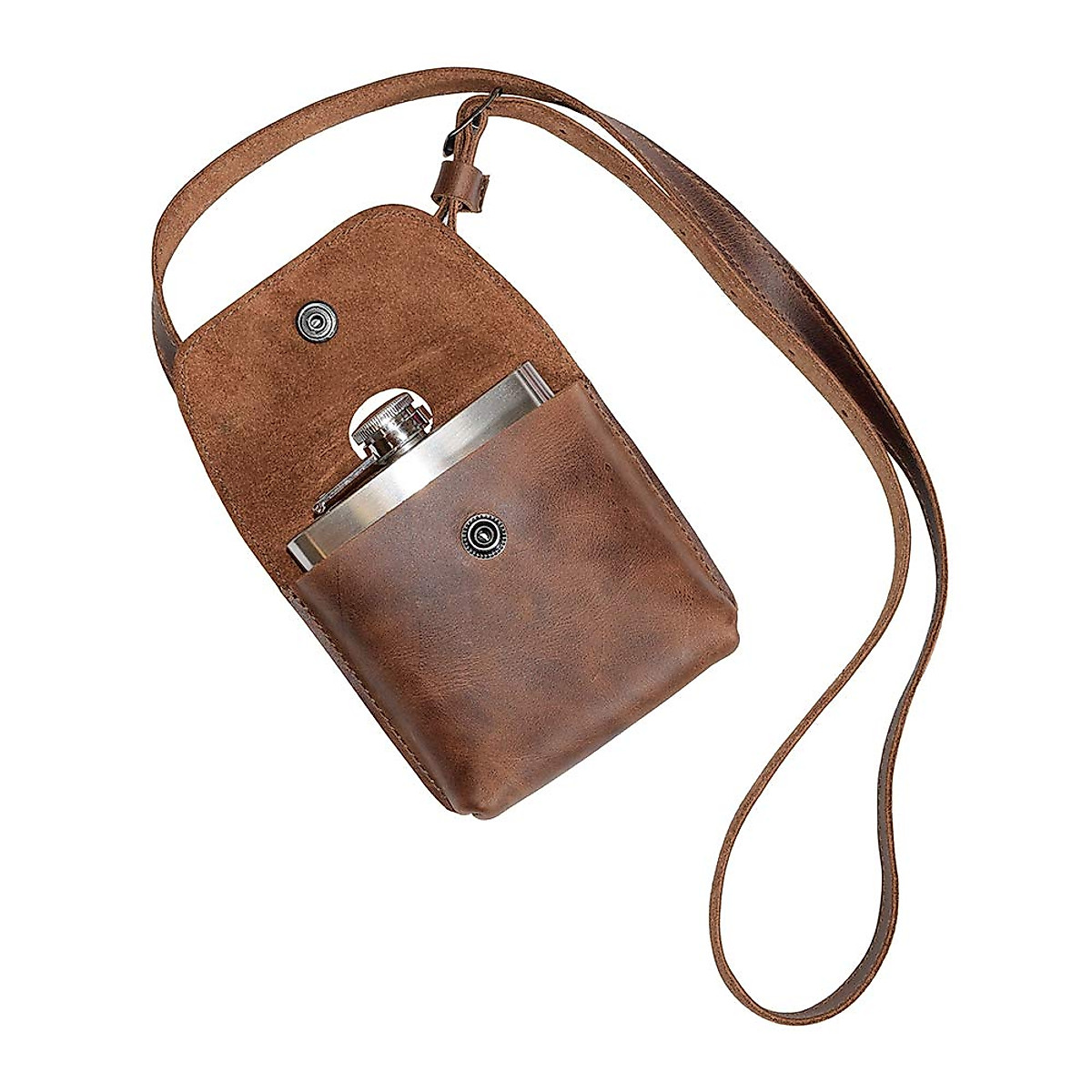 Hide & Drink, Liquor Flask Holder with Adjustable Strap (Bottle not Included) Travel Accessory, Full Grain Leather, Handmade, Bourbon Brown