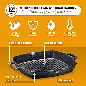 Bruntmor 13-Inch Cast Iron Grill Pan Pre-Seasoned Cast Iron Pan for Stovetop and Outdoor Use - Induction Compatible Griddle Cookware with Ridges for Steak, Meats, and Vegetables