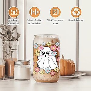 GSPY Halloween Ghost Iced Coffee Glass Cups, 16oz Cute Floral Ghost Can Shaped Glass Cups with Lids and Straws, Halloween Gifts, Spooky Halloween Tumbler Mug for Women Girls