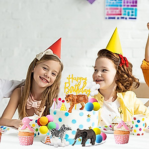 Safari Animal Cake Toppers with Mini Birthday Party Hat Color Balls Cake Decorations for Jungle Wild Themed Baby Shower Birthday Party Supplies
