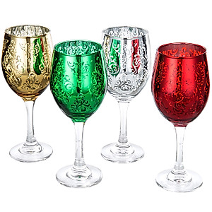 MyGift 4 Piece Stemmed Glassware Set, Holiday Multicolor Etched Wine Glasses, Baroque Pattern Gold Silver Red Green Colored Drinking Glass, 10 oz Capacity