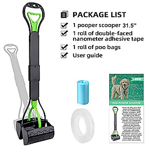 Dog Pooper Scooper, 31.5 Inches Long Handle Pet Jaw Poop Scooper for Large Medium Small Dogs with Bags, Portable Heavy Duty Dog Poop Scoop with Non-Breakable Spring for Grass and Gravel Waste Pick Up
