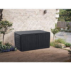 Keter Marvel Plus 71 Gallon Resin Deck Box and Arm & Hammer Pooper Scooper Swivel Bin & Rake Dog Poop Scooper, Black