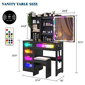 WOOVIVS Vanity Desk with Lights and Sliding Vanity Mirror, Makeup Vanity Desk with Charging Station, Vanities Dressing Table with Stool, Vanity Set with Large Drawers&Shelves for Bedroom, Black