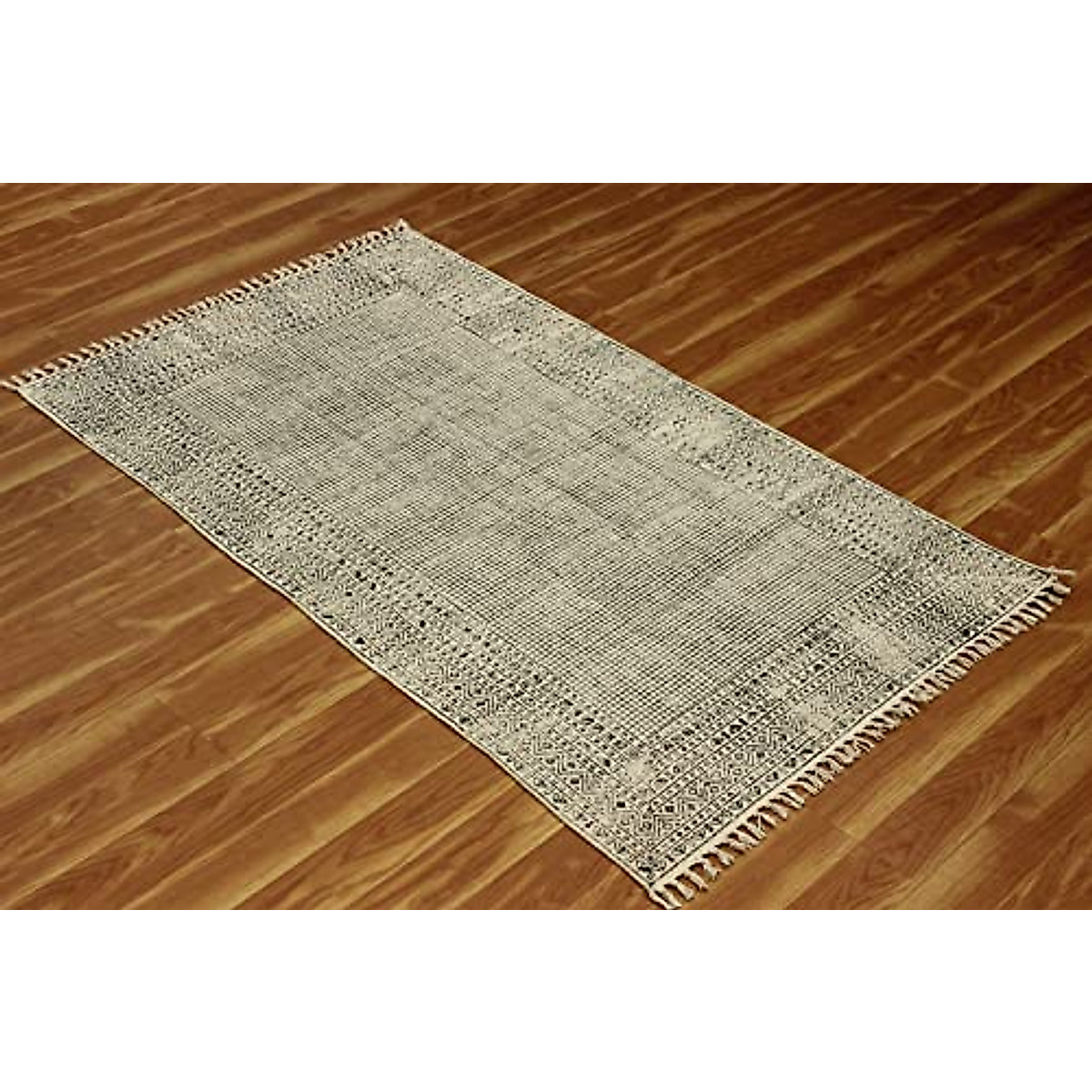 Casavani Indian Handmade Cotton Dhurrie Geometric Gray & Black Floor Carpet For Doormat Best Uses For Bedroom,Living Room,Dining Room,Kitchen,Purch,Balcony 6x8 Feet