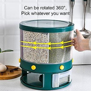 Large Rotating Food Dispenser Rice Dispenser 6-Grid Rice Bucket Whole Grains Rice Container Storage with Lid Dry Food Dispenser Storage Box for Kitchen White