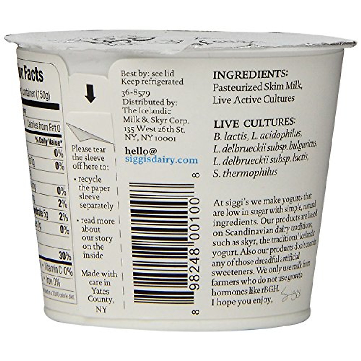 siggi's Icelandic Strained Nonfat Yogurt, Plain, 5.3 oz. Single Serve Cup – Thick, Protein-Rich Yogurt Snack