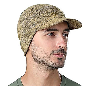 AONIJIE Merino Wool Knit Short Brim Knitted Hat for Men Women, Warm Beanie Visor for Fall Winter Daily Headwear Protect Ear (B:Yellow)