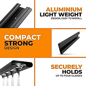 AA Brothers Aluminum Wine Glass Rack 2 Pack, Under Cabinet Wine Glass Holder, Under Shelf Mounted Stemware Rack for Bar Kitchen, Hanging Stemware Rack Organizer Hanger, Black