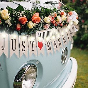 Just Married Banner, Wedding Bunting Banner with 8 Flicker Mode LED Fairy String Light, Hanging Sign Garland Pennant Photo Booth Props for Bridal Shower Wedding Engagement Car Party Decoration