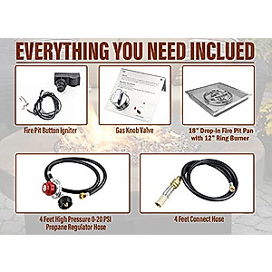 Uniflasy 18 Inch Square Drop-in Fire Pit Pan with 12" Round Burner Ring, 165k BTU Stainless Steel Fire Pit Pan with Spark Ignition and Propane Hose Kit for Indoor or Outdoor Fire Table/Fire Pit