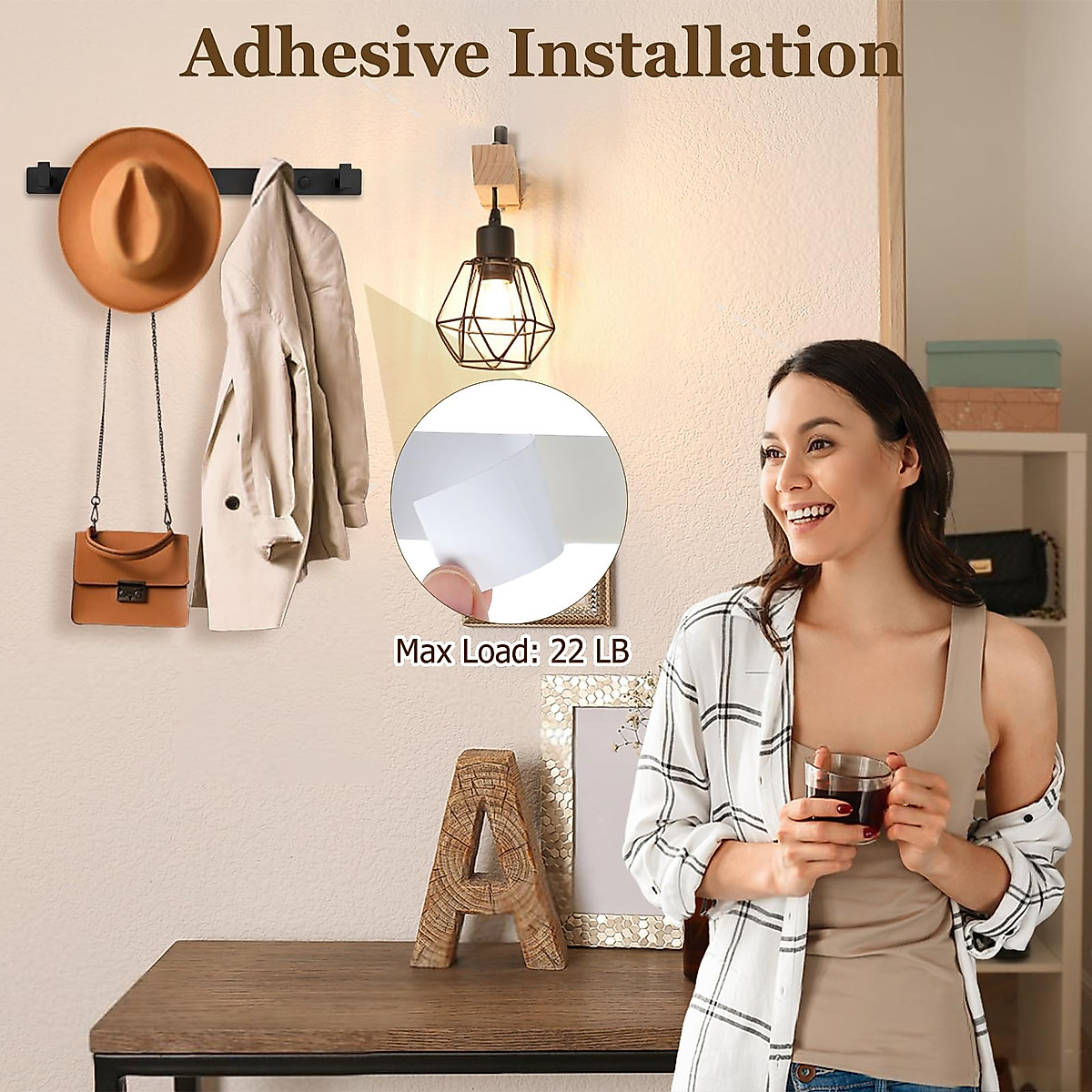 HOMEBROS Coat Rack Wall Mount, Black Metal Coat Rack with 5 Coat Hooks Heavy Duty Adhesive Coat Hanger Hooks Bag Hat Towel Rack for Entryway Bathroom Garage RV 2 Mount Ways