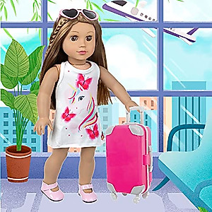 BDDOLL 18 Inch Girl Doll Clothes Accessories Travel Play Set Including Suitcase Luggage, Unicorn Dress, Sunglasses, Camera, Computer, Phone, Ipad,Travel Pillow fit 18 Inch Doll