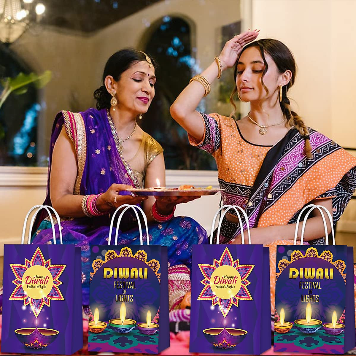 HABDJILTY 20 Pcs Happy Diwali Gift Bags,Festival of Lights Gifts Bags for Birthday Gift Packs Snacks Candy Bags Diwali Party Favor