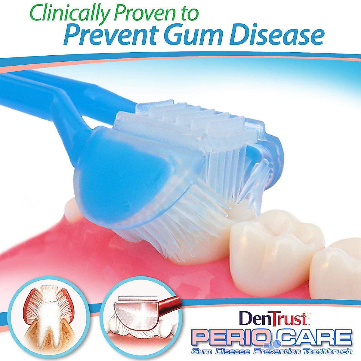 DenTrust 2-PK Periocare 3-Sided Toothbrush | Healthy Gentle Gum Massage | Made in USA | Tongue Scraper Ultra Soft Sensitive Gums