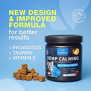Cat Calming Treats - Hemp Calming Care for Cats - Cat Melatonin Soft Chews with Hemp Seed Oil and Probiotics - Cat Anxiety Relief - Storms, Travel, Grooming, Separation - Calming Chews for Cats