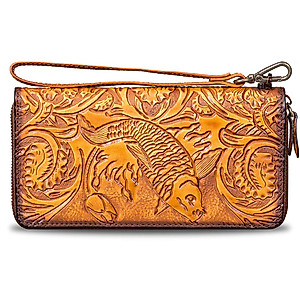 Genuine Leather Wallet Women's Zip Around Wristlet Long Purse Vintage Embossing Cowhide Capacity Handmade Clutch (Brown)
