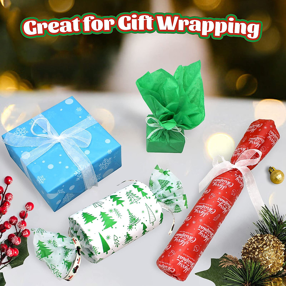 Hifunwu 160 Sheets Christmas Tissue Paper for Gift Wrapping Bags, Christmas Tissue Paper Bulk, Holiday Tissue Paper for Gift Bags Wrapping