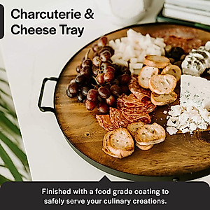 Villa Acacia 18 Inch Round Serving Tray, Solid Wood with Metal Band and Handles