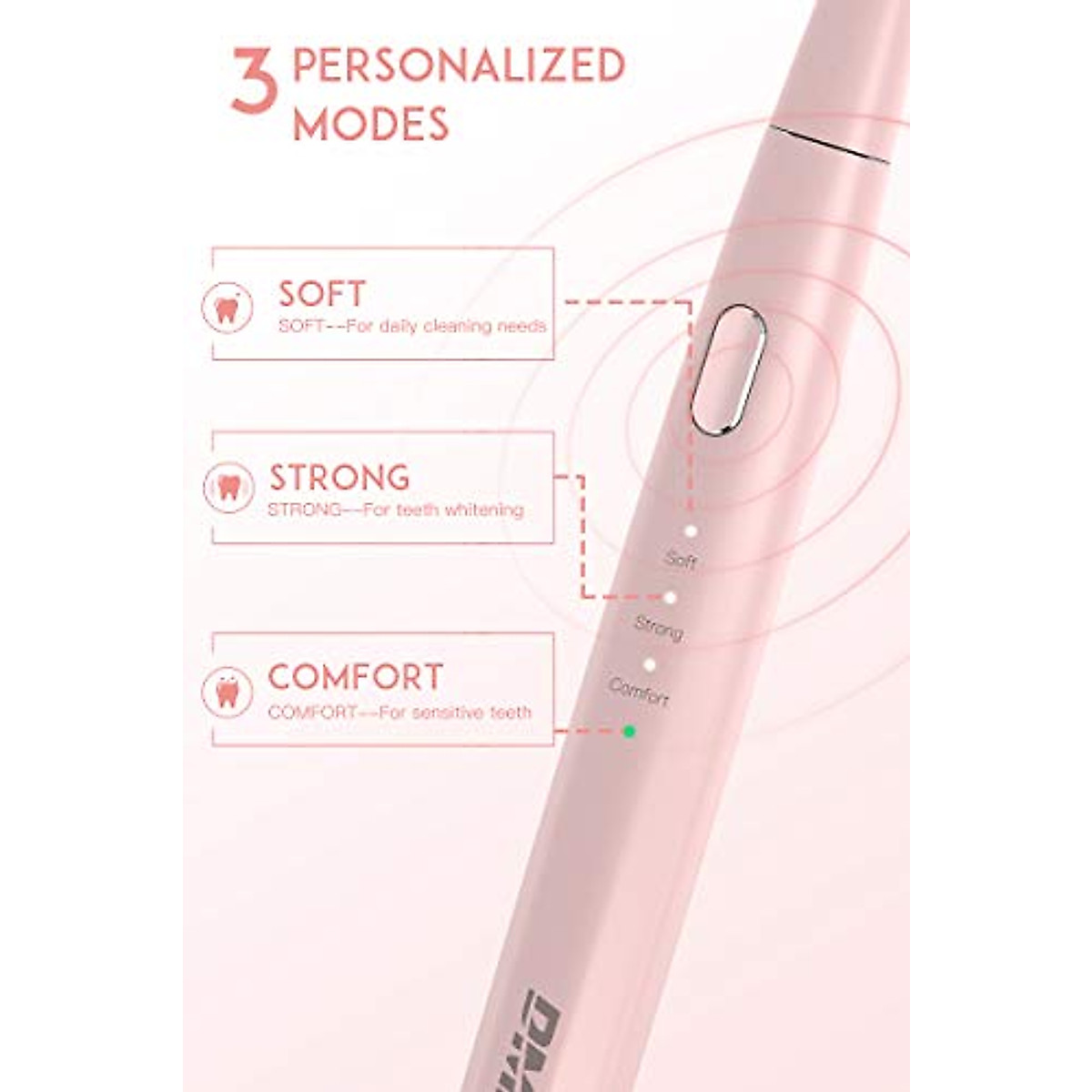 DMH Electric Toothbrush, Sonic Electric Toothbrush Powerful Cleaning, Rechargeable Travel Toothbrush with 4 Brush Heads, 3 Modes, 4 Hour Fast Charge for 60 Days Use, Pink