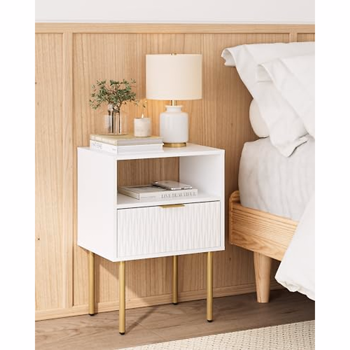 Aienvey Night Stand, Modern Bedside Table with Storage Drawer, Small Side Table with Open Wood Shelf, Bedside Furniture, Nightstand, End Table for Bedroom, Living Room, White
