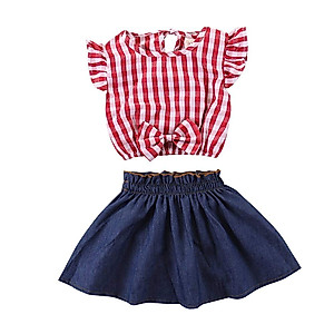 BOIZONTY Toddler Baby Girl Red Plaid Outfits Ruffled Sleeve Crop Top Shirts with Bowknot+Denim Skirt Dress Summer Clothes Set (Plaid, 3-4 Years)
