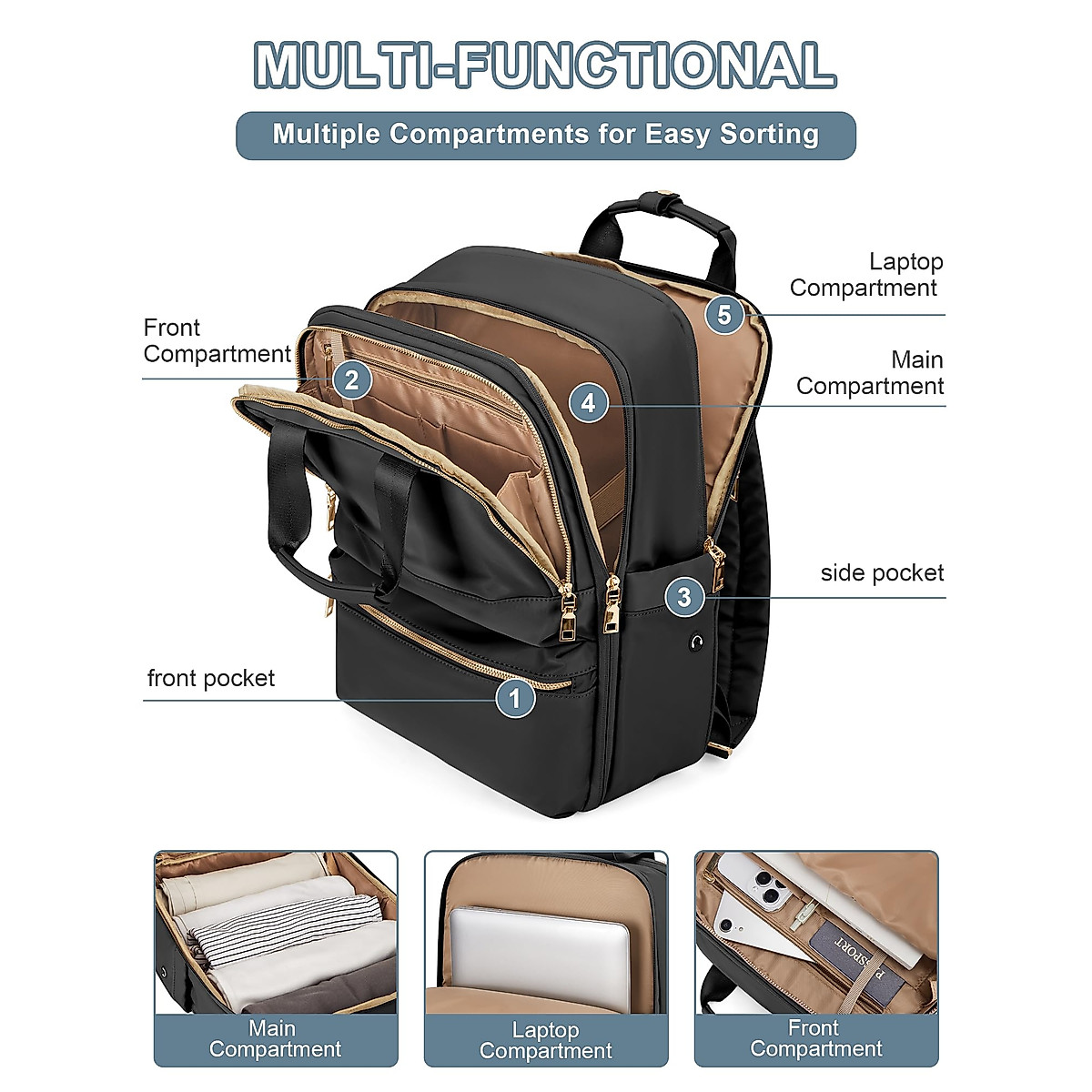 CADOLIM Large Travel Backpack Carry On Flight Approved Black Backpack For Travel Backpacks Waterproof Personal Item Backpack Travel Bag For Women Mens Mochila De Viaje Traveling Backpack