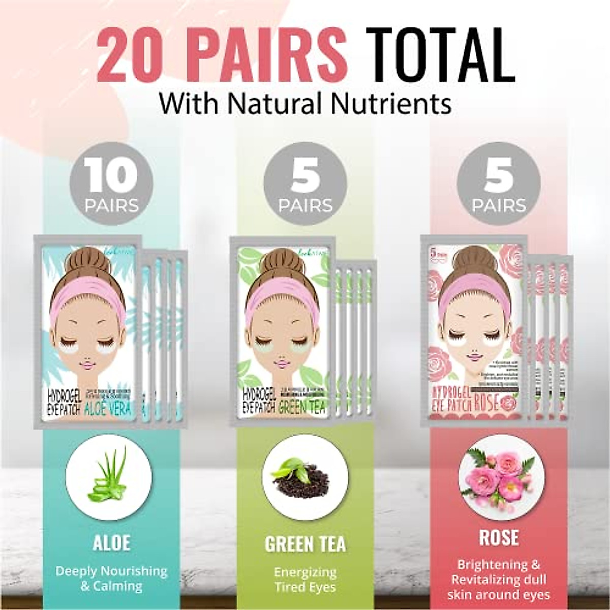 Under Eye Patches for Dark Circles and Puffiness (20 Pairs) - Korean Skin Care Caffeine Collagen Eye Patches for Puffy Eyes -Hydrogel Eye Patch - Under Eye Mask - Aloe Vera Rose Green Tea Gel Eye Pads