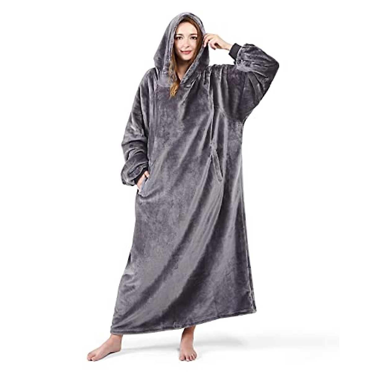 Lifewit Wearable Blanket Hoodie, Warm and Cozy Hoodie with Sleeves and Pockets, Flannel Blanket Sweatshirt for Women, Men, Medium, Grey
