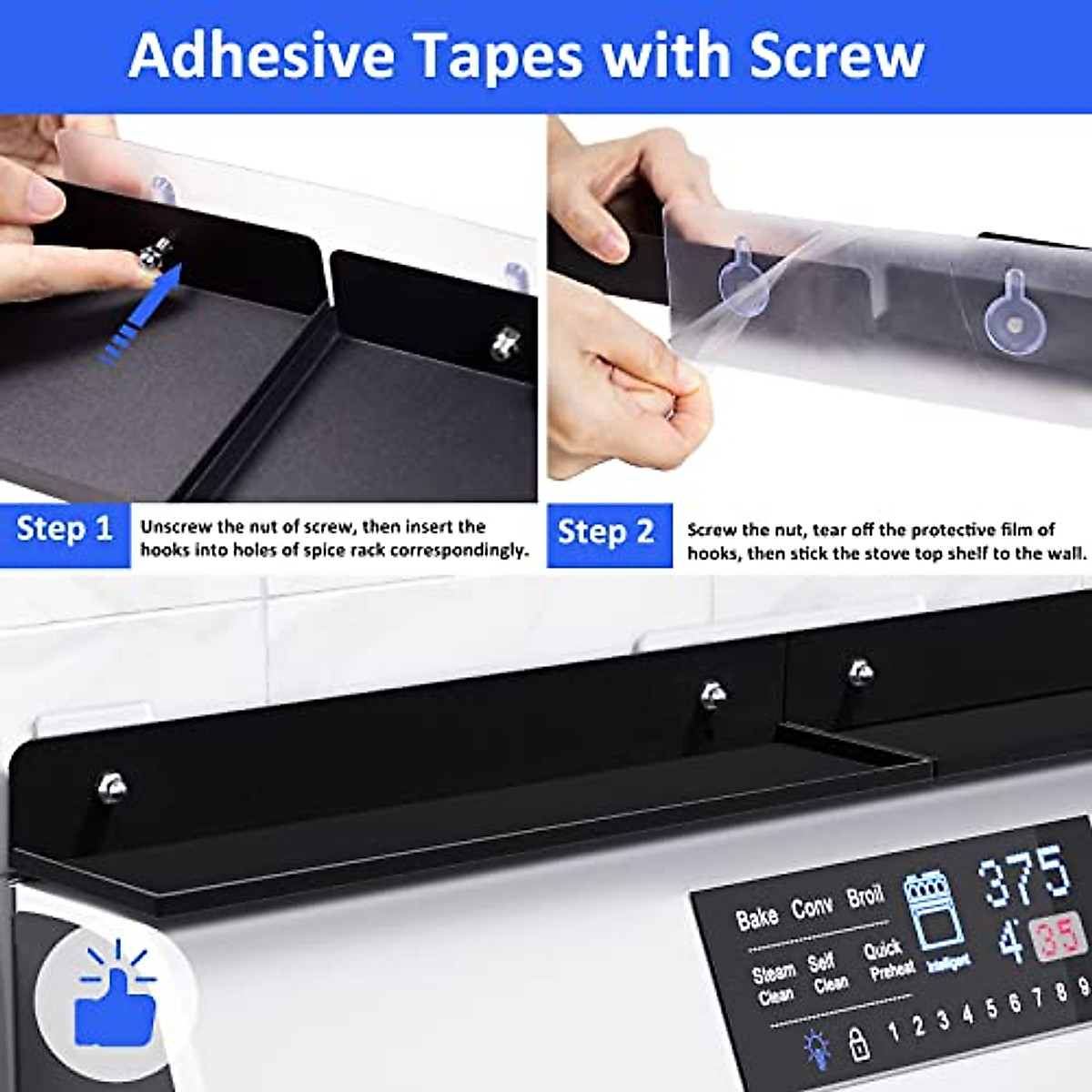 Stove Top Shelf,Spice Rack Over the Stove Top Shelf,Stainless Steel Spice Rack with Adhesive Tapes,Kitchen Storage Organization fit Standard 30 IN Stove Width, Over Stove Spice Rack Organizer-Black