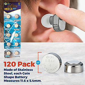 LR44 Batteries - 120 Count Pack - 1.5V Alkaline AG13 357 303 SR44 Battery Button Coin Cell Batteries for Hearing Aids and Hearing Amplifiers