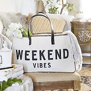 Santa Barbara Design Studio Tote Bag Hold Everything Collection Black and White 100% Cotton Canvas with Genuine Leather Handles, Large, Weekend Vibes