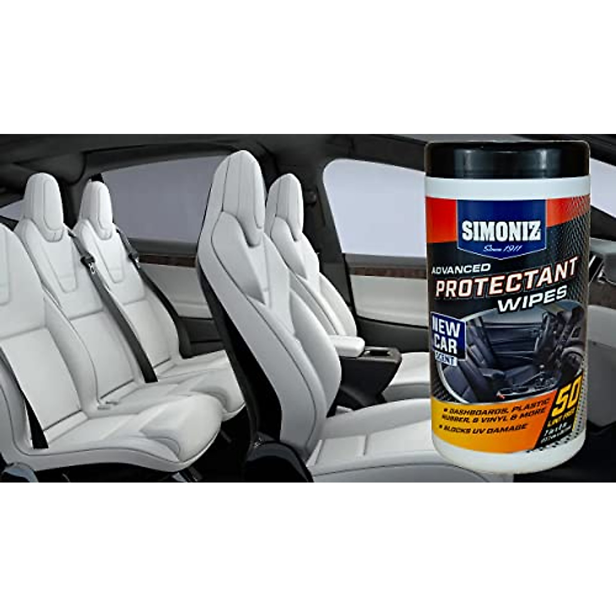 Simoniz New Car Scent Advanced UV Protectant Wipes Wipes – Interior Protectant or Most Surfaces -  Plastic, Rubber, Vinyl Dashboards, Seats, Doors & Tires -Great for Cars, Trucks, SUVs, Boats 50 Count