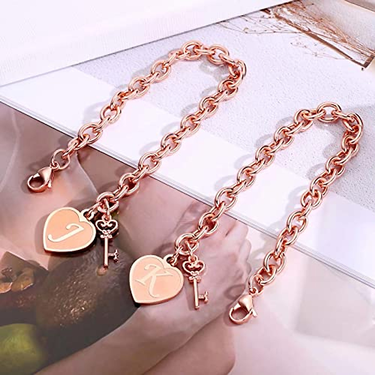 M MOOHAM Charm Bracelets for Women Girls, Rose Gold Letter C Initial Charm Bracelet Mothers Day Valentines Gifts for Women Jewelry, Bridesmaid Proposal Gifts for Wedding