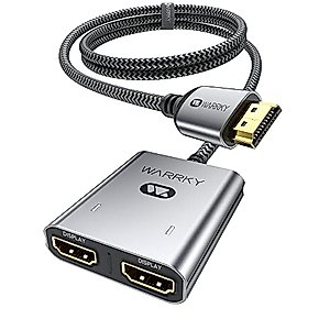 Warrky HDMI Splitter, Duplicate/Mirror, 4K HDMI Splitter 1 in 2 Out [Metal Case, Gold-Plated] with 3.3 Ft Braided HDMI Cable, Powered Splitter, 1 Source to 2 Identical Displays for TV, Projector