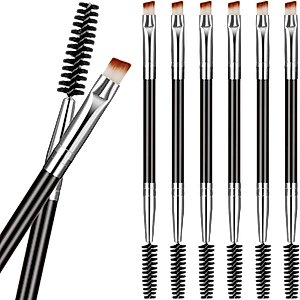 6 Pieces Duo Eyebrow Brush Angled Eye Brow Brush and Spoolie Brush Mini Eyelash Brush for Tinting Angled Eyebrow, Fit for Gel and Cream (Silver)