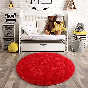 Chicrug Fluffy Cute Red Round Area Rugs for Girls Bedroom, 4x4 Feet Shaggy Circle Area Rug for Living Room, Soft Fuzzy Carpets for Princess Room, Cute Rug Kids Circular Playmats for Baby Nursery Home