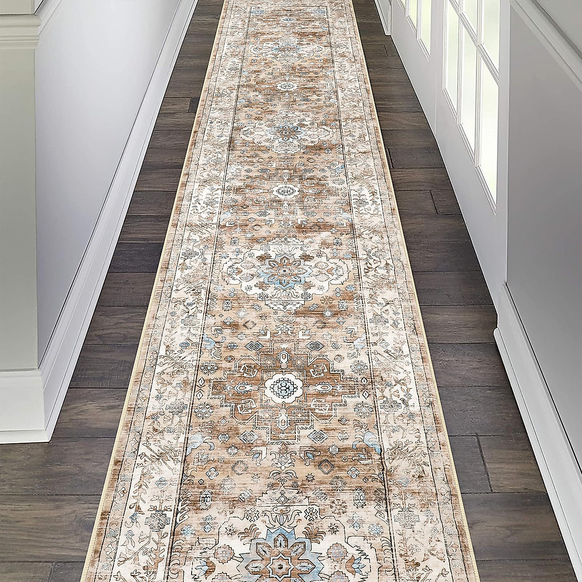 Pauwer Hallway Runner Rug 2x10 Washable Rugs Runner Non Slip Carpet Runner Boho Farmhouse Vintage Throw Area Rugs Floor Runner for Hallway Kitchen Entryway Laundry Room Bedroom Bathroom, Cream Tan
