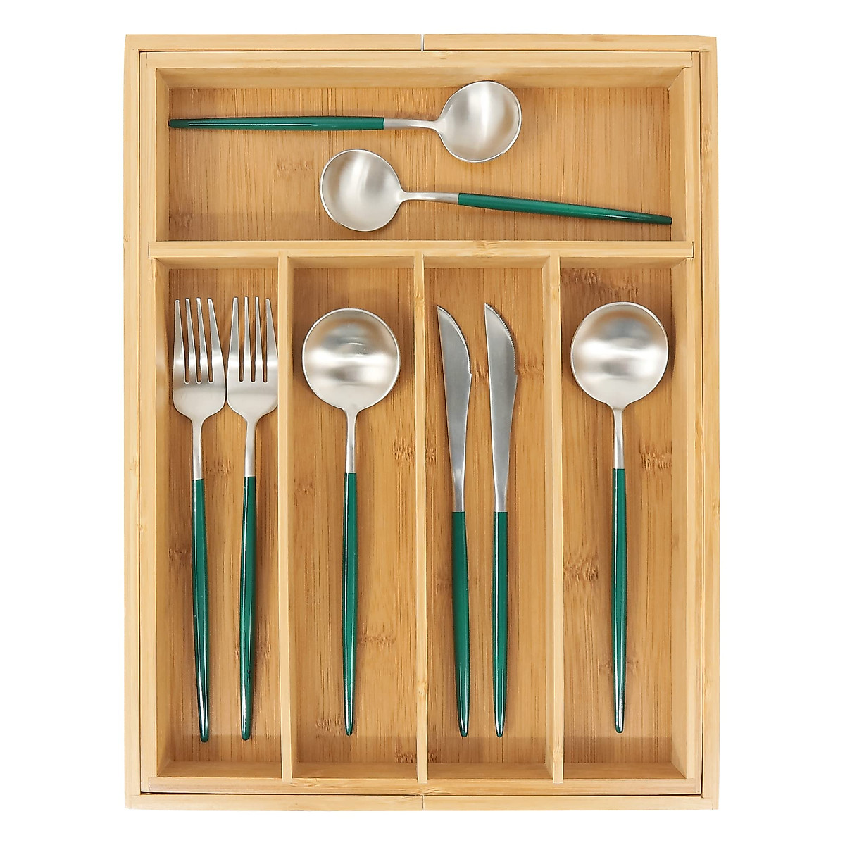 Bamboo Silverware Tray for Drawer, Expandable Utensils Drawer Organizer, Cutlery Dividers, 5-7 Compartments