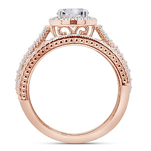 SAVEARTH DIAMONDS 1 1/4 Carat Round Cut Lab Created Moissanite Diamond Halo Bridal Set Engagement Ring In 14k Rose Gold Plated 925 Sterling Silver (G-H Color, 1.25 Cttw) Ring Size-8