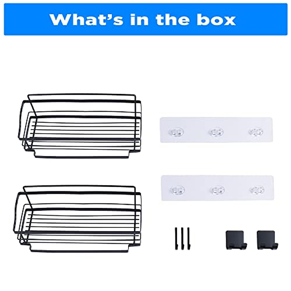 Sinminou Adhesive Shower Caddy With 5 Hooks & 2 Tower Hanger, Rustproof SUS304 Stainless Steel Shower Shelf Basket, Wall Mounted No Drilling Shower Organizer Shampoo Holder - 2 Pack (Black)